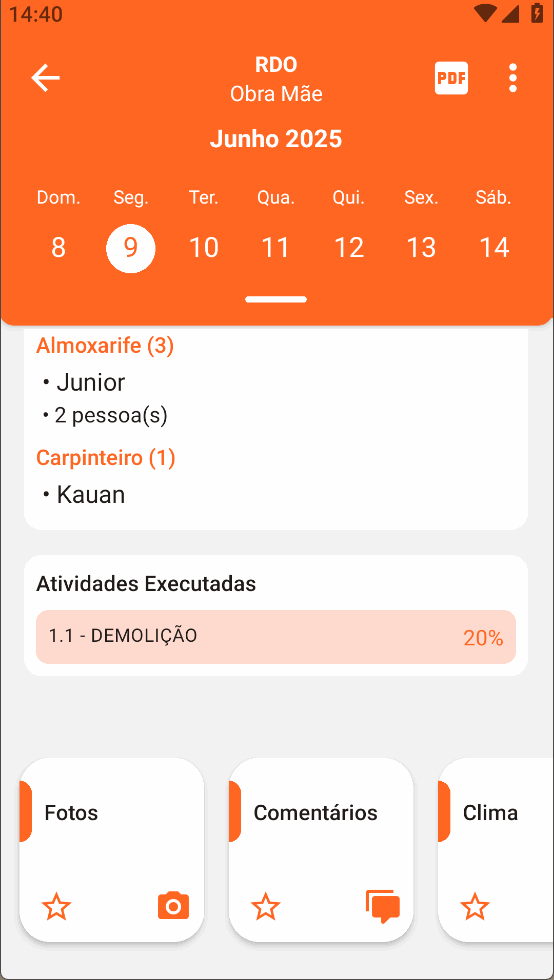 Relatório Diário de Obras (RDO) no app da Brickup